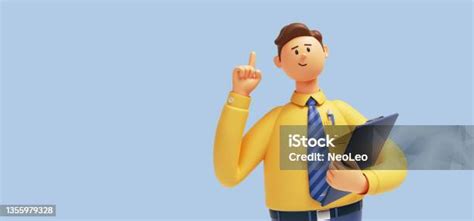 3d 렌더링 만화 캐릭터 젊은 백인 남자 파란 배경에 고립 똑똑한 남자는 노란색 셔츠 파란색 넥타이를 입고 클립 보드를 잡고 검지 손가락으로 카메라를 봅니다 추천 개념 3