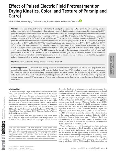Pdf Effect Of Pulsed Electric Field Pretreatment On Drying Kinetics Color And Texture Of