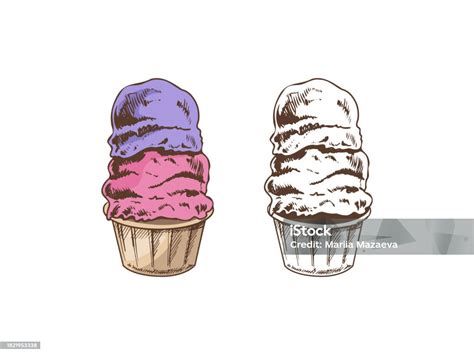 손으로 그린 컬러 흑백 스케치로 프로즌 요거트 또는 소프트 아이스크림 컵에 담긴 컵케이크 빈티지 일러스트입니다 라벨 포장 및 엽서 디자인을 위한 요소 과거에 대한 스톡 벡터
