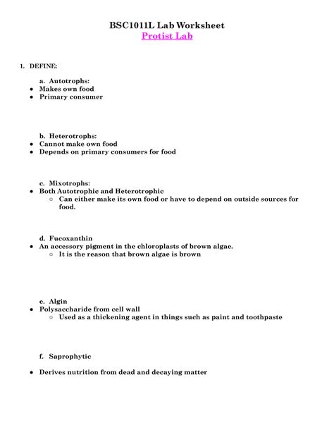 Protists Worksheet Lab Report BSC1011L Lab Worksheet Protist Lab DEFINE A Autotrophs