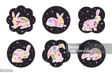 토끼 실루엣입니다 봄 꽃 귀여운 부활절 토끼 장식 우표 평면 벡터 일러스트 레이 션 세트와 부활절 토끼 봄 방학 토끼 라벨 가축에 대한 스톡 벡터 아트 및 기타 이미지