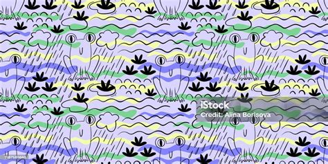 낙서 스타일의 개구리 비 수련 구름 다채로운 파도가 있는 귀여운 어린이 그림 신생아를위한 패턴 유치원 학교 어린이 방을 위한 본을 위한 인쇄 개구리에 대한 스톡 벡터 아트