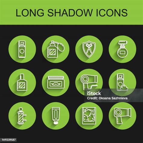 세트 라인 클래식 이발소 폴 크림 또는 로션 화장품 튜브 면도 젤 폼 위스키 및 얼음 조각 한 잔 헤어 드라이어 항아리 및 아이콘 벡터 건강한 생활방식에 대한 스톡 벡터