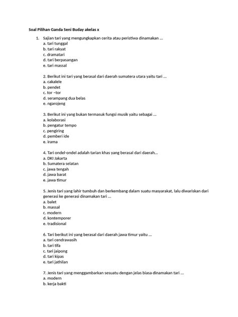 Soal Pilihan Ganda Seni Buday Akelas X Pdf Seni