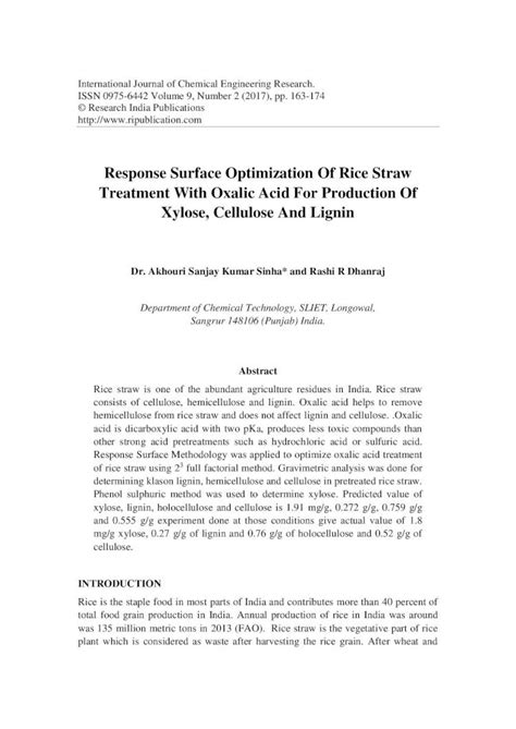 Pdf Response Surface Optimization Of Rice Straw Treatment With