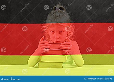 German Flag Blonde Girl Wants To Learn German Double Exposure Stock