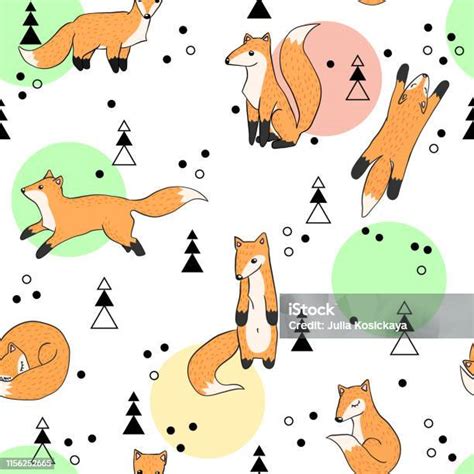 숲에서 재미있는 여우와 벡터 원활한 손 그리기 패턴 직물 포장 직물 벽지 의류에 대한 창조적 인 스칸디나비아 만화 아이 텍스처