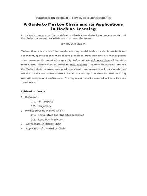 A Guide To Markov Chain And Its Applications In Machine Learning