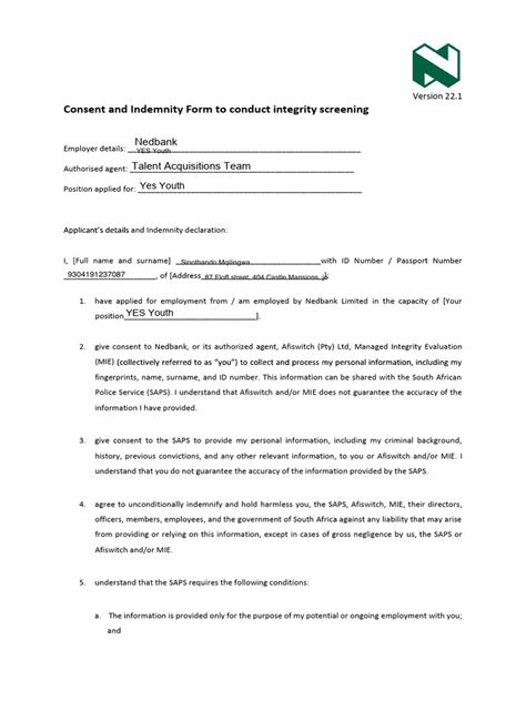 Yes Youth 2025 Indemnity Form Pdf Identity Document Indemnity