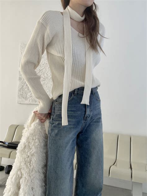 디베르 슬림루즈핏 골지 타이 머플러 세트 니트