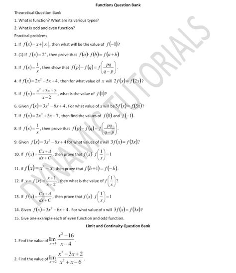 functions limit and continuity question bank calculus [for bcom exam cbcs pattern and nep