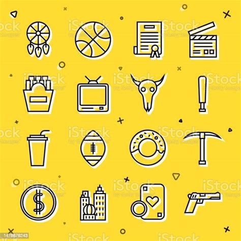 세트 라인 권총 또는 총 곡괭이 야구 방망이 독립 선언문 레트로 Tv 감자 감자 튀김 상자 깃털과 버팔로 두개골 아이콘을 가진 꿈의 포수 벡터 7월에 대한 스톡 벡터 아트