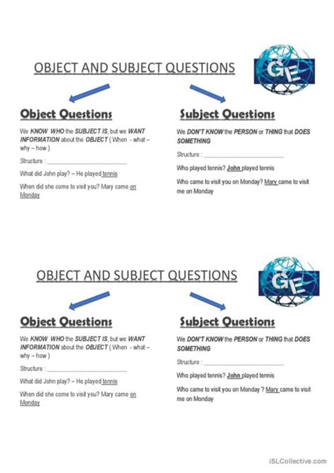 Questions Subject Vs Object Questions English ESL Worksh
