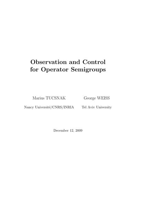 Pdf Observation And Control For Operator Semigroups