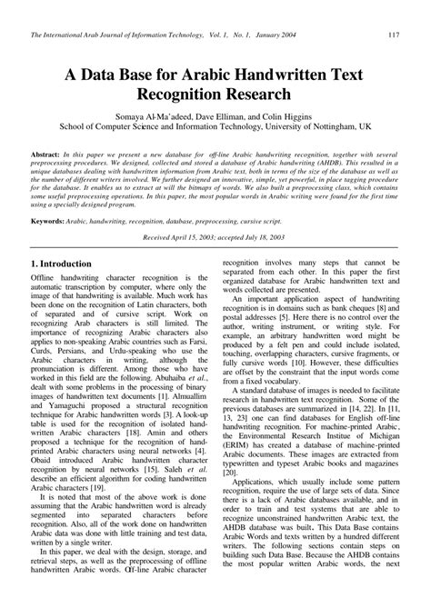 Pdf A Data Base For Arabic Handwritten Text Recognition Research