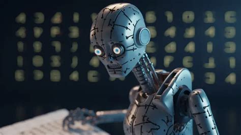 An Animated Robot Is Sitting Behind Computers At Work Background 3d Rendering Robot Learning Or