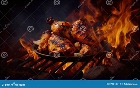 Seasoned Juicy Chicken Drumsticks Grilled On Barbecue With Fire And