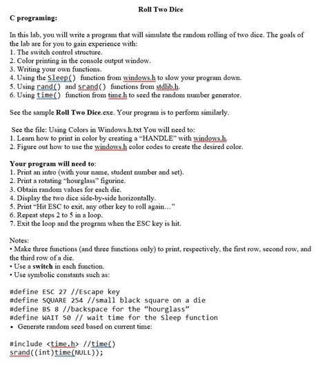 Solved Roll Two Dice C Programing In This Lab You Will
