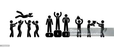 우승자가 연단에 서 있습니다 남자는 트로피 상을 들고 축하합니다 스틱 피규어 사람들은 승자를 던져 1위에 대한 스톡 벡터 아트 및 기타 이미지 Istock