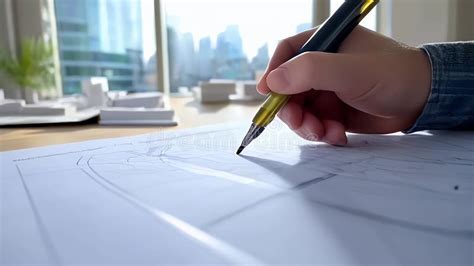 Close Up Hand Drafting Plans On White Paper With Black Marker And Scale Models In Office