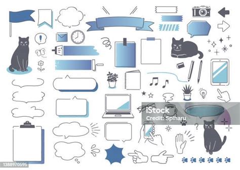스피치 버블 및 프레임 세트입니다 집에서 고양이와 함께 작동하는 손으로 그린 스타일 일러스트레이션 노트북 태블릿 카메라 휴대 전화 고양이 플랫 디자인 일러스트 소재 가정