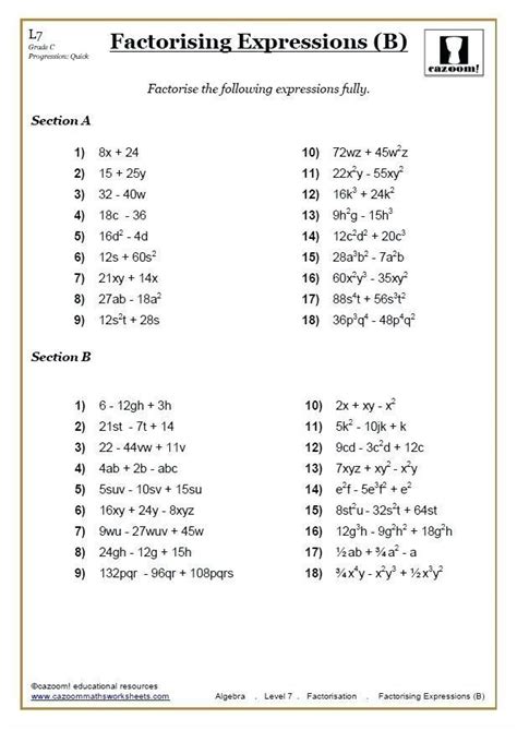 20 Factorisation Worksheets Grade 9 Ks3 Algebra Worksheets Peacer