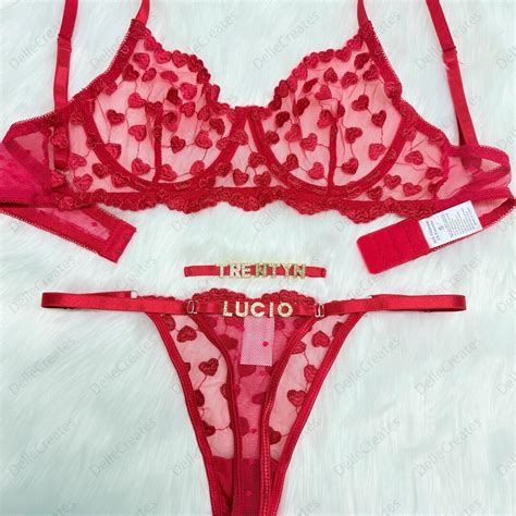 Custom Name Thong Heart Mesh Embroidery Gathered Lingerie Set Custom