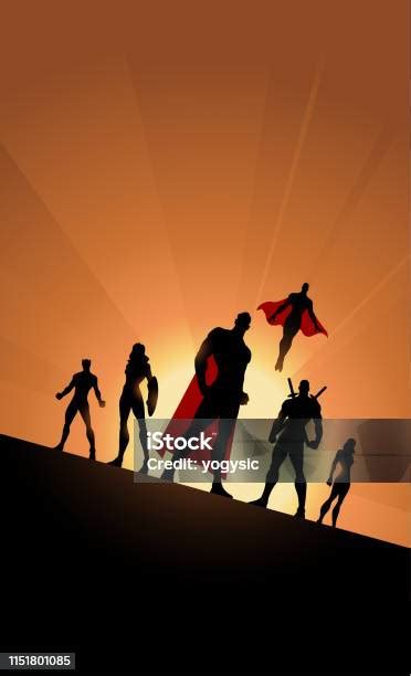 벡터 슈퍼 히어로 팀 실루엣 배경에서 햇빛으로 기울어진 보기 슈퍼히어로에 대한 스톡 벡터 아트 및 기타 이미지 슈퍼히어로 검은색 공중 부양 Istock