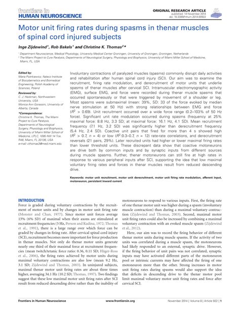 Pdf Motor Unit Firing Rates During Spasms In Thenar Muscles Of Spinal