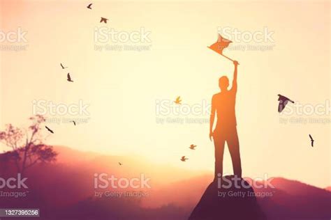 실루엣 남자 손은 추상적 인 배경을 비행 조류와 일몰 하늘에 산의 상단에 들고 깃발을 올립니다 자유는 기분이 좋고 여행 모험 개념 35 39세에 대한 스톡 사진 및 기타