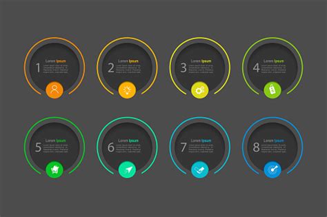 8 단계를 가진 사업 개념 워크 플로우 레이아웃 다이어그램 연례 보고서 웹 디자인을위한 다채로운 라벨 디자인이있는 회색 원 크리 에이 티브 배너 벡터 개발에 대한 스톡 벡터