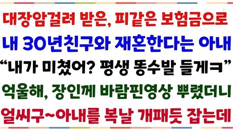 반전신청사연대장암 걸려 나온 보험금으로 내친구와 재혼한다는 아내 너랑 못살아 당장 이혼해 억울해 장인께 충격적인 영상뿌렸더니 얼씨구야~ 신청사연 사이다썰 사연