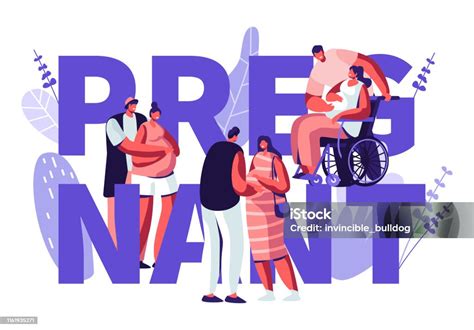 행복한 커플 아기 개념을 기다리고 있습니다 남편과 젊은 건강하고 장애인 임산부 모성 출산 가족 관계 포스터 배너 전단지 브로셔 만화 플랫 벡터 일러스트 가족에 대한 스톡