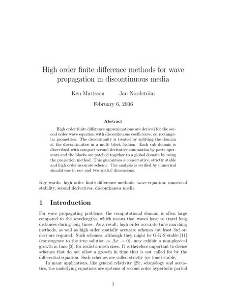 Pdf High Order Finite Difference Methods For Wave Propagation In Discontinuous Media