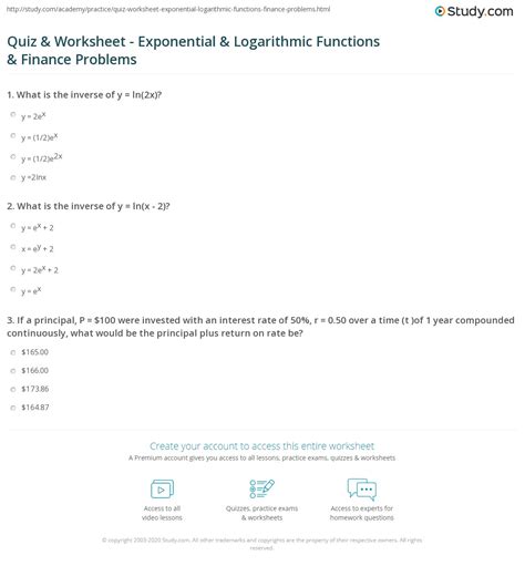 Quiz And Worksheet Exponential And Logarithmic Functions And Finance