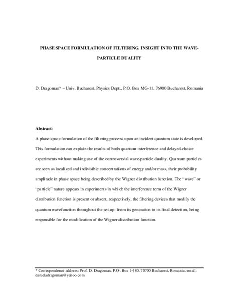 Pdf Phase Space Formulation Of Filtering Insight Into The Wave Particle Duality Daniela