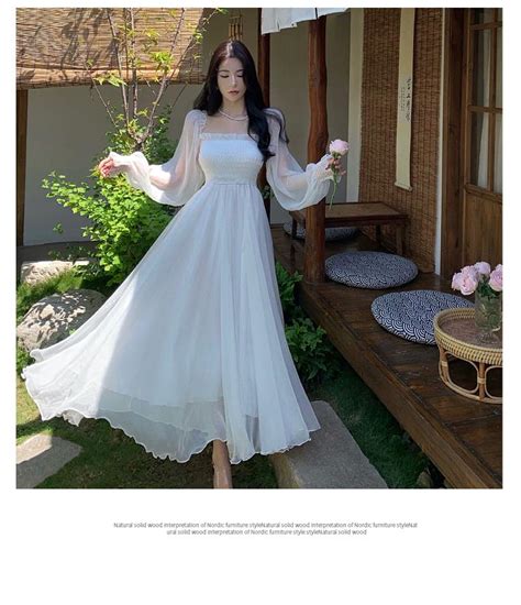 포앤바이앤 화이트 오간자 드레스 투웨이 오프숄더 시스루 벌룬소매 스모크 하이웨스트 셔링 플레어스커트 롱 원피스 드레스