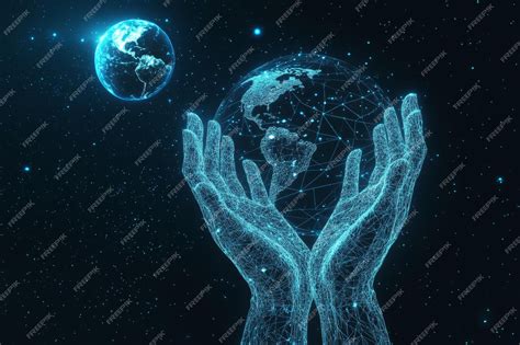 Digital Hand Holding Earth In Futuristic Space With Glowing Data Network Premium Ai Generated