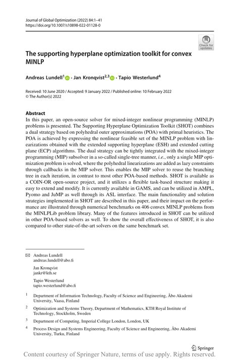 Pdf The Supporting Hyperplane Optimization Toolkit For Convex Minlp