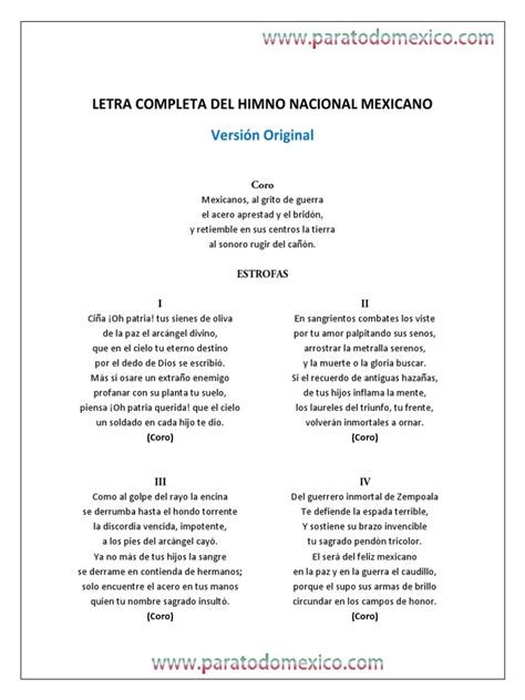 Himno Nacional Mexicano Letra Escolar Letra Oficial Del Himno Porn