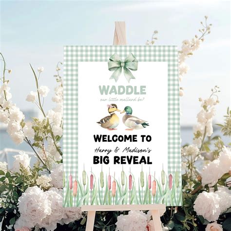 Mallard Duck Gender Reveal Sign Sage Green Gingham Corjl Editable