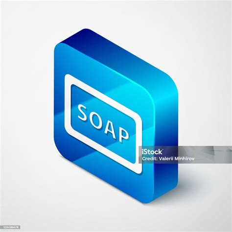 회색 배경에 분리 된 폼 아이콘이있는 비누의 아이소 메트릭 바 거품이있는 비누 바 파란색 사각형 버튼입니다 벡터 일러스트레이션 3차원 형태에 대한 스톡 벡터 아트 및 기타