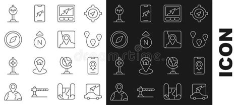 Set Line City Map Navigation Route Location Gps Device With Compass Fork In The Road And