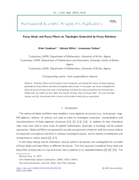 pdf fuzzy ideals and fuzzy filters on topologies generated by fuzzy relations lemnaouar