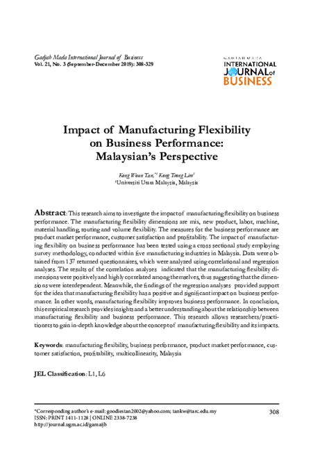 Pdf Impact Of Manufacturing Flexibility On Business Performance Malaysians Perspective