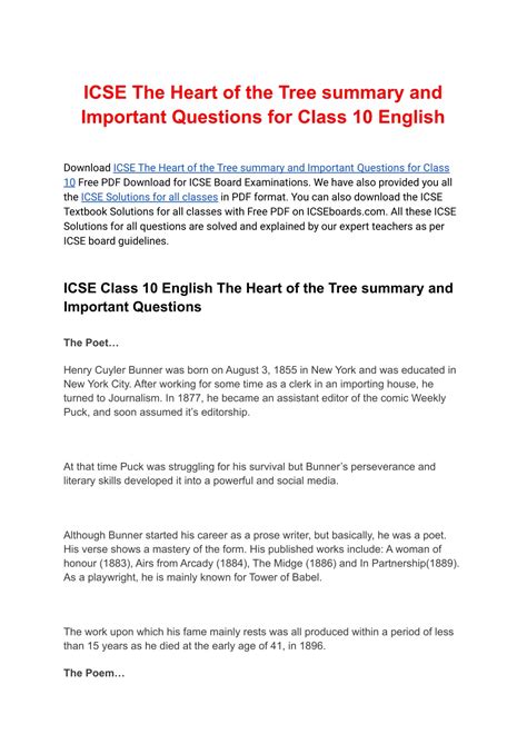 PPT The Heart Of The Tree Summary And Important Questions For Class 10 PowerPoint Presentation
