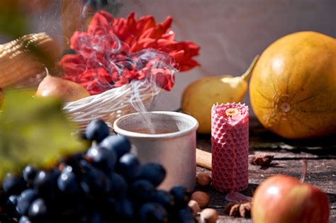 차 과일 헤이즐넛 및 계피 스틱의 머그잔의 소박한 자연의 아늑한 정물 가을 미적 개념 붉은 게오르기네 따뜻한 차와 향기로운 양초가있는 아늑한 집 추수 감사절 개념 가꿔주기에