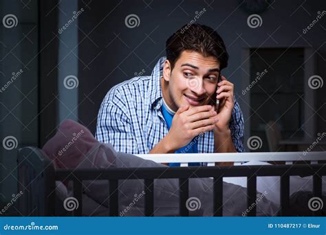The Happy Dad Looking After Newborn Baby At Night Stock Image Image Of Overtime Baby