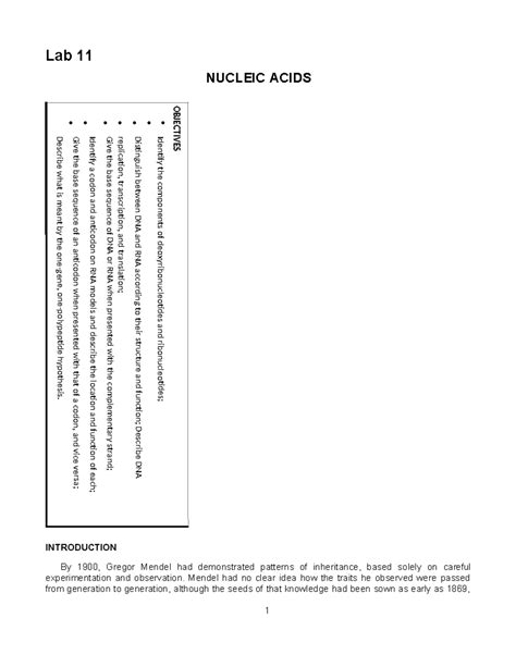 Lab 11 Nucleic Acids Lab Print Lab 11 NUCLEIC ACIDS INTRODUCTION By 1900 Gregor Mendel Had
