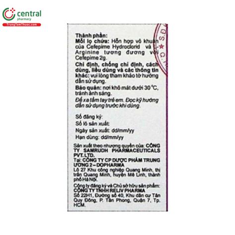 Thuốc Cefepime 2g Reliv điều Trị Bệnh Viêm Phổi Mức độ Vừa đến Nặng